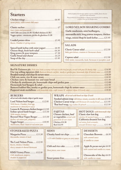Menu - The Lord Nelson Pub