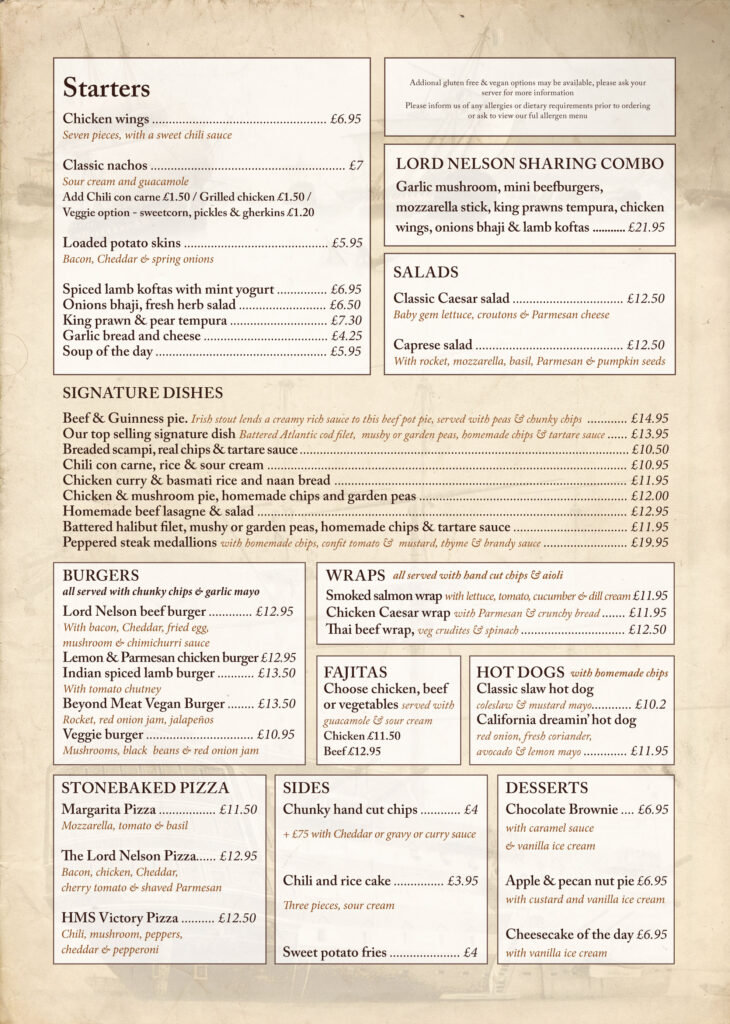 Menu - The Lord Nelson Pub